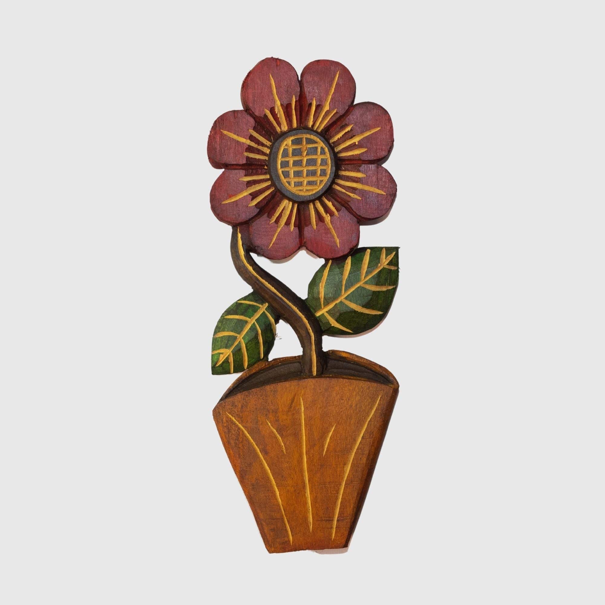 Figura Vaso com Flor G Entalhada na Madeira 02